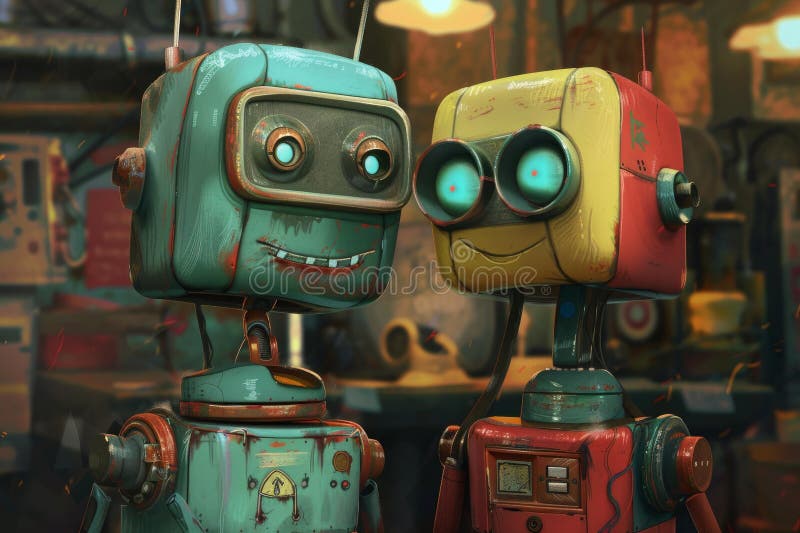 Friendly Robots Enjoying Company in a Vintage Workshop Stock ...