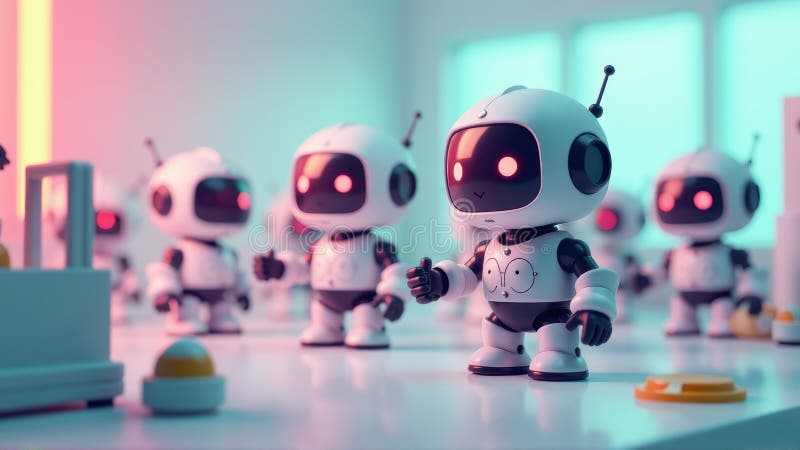 Friendly Robots Working Together in a Bright Tech Lab Stock ...