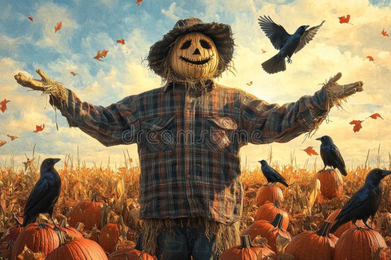 A Friendly Scarecrow Standing in a Pumpkin Patch with Crows Stock ...