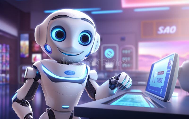 Friendly Service Robot Assisting with Touchscreen Technology Stock ...