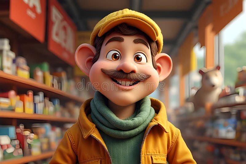 Friendly Shopkeeper Smiling in a Grocery Store, Wearing a Cap and a ...