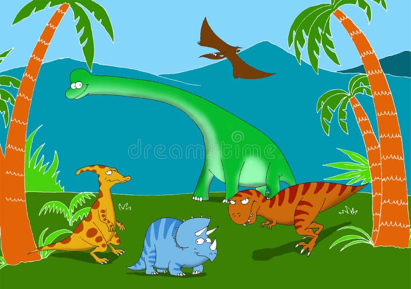 Friendly and Smiling Dinosaurs in a Prehistoric Landscape Stock ...