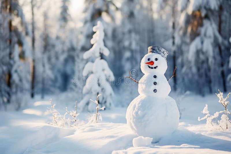 A Friendly Snowman Smiling in a Calm Winter Landscape Stock Photo ...