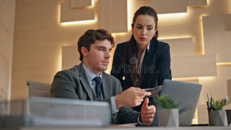 Friendly Team Work Together Looking Computer Office Closeup. Colleagues ...