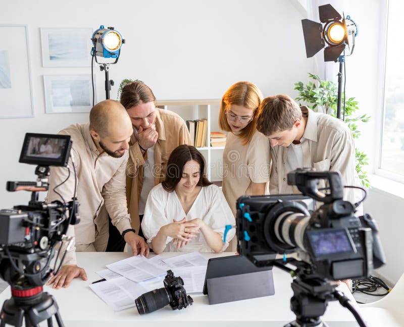 Friendly Teamwork Studio Crew Brainstorming Camera Stock Photo - Image ...