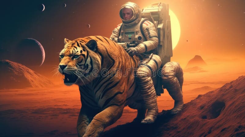 Friendly Tiger Controlled by Astronaut with Space Technology Exploring ...