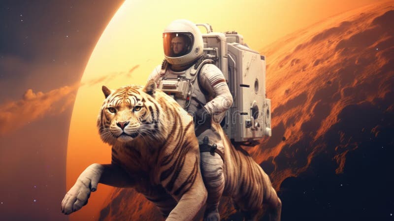 Friendly Tiger Controlled by Astronaut with Space Technology Exploring ...