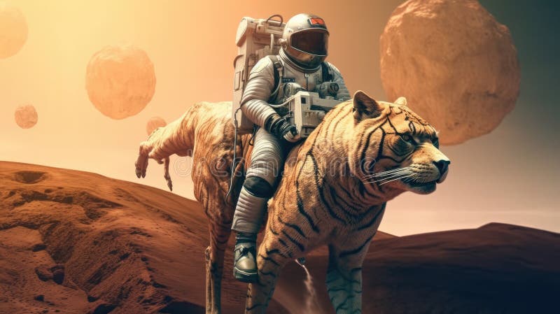Friendly Tiger Controlled by Astronaut with Space Technology Exploring ...