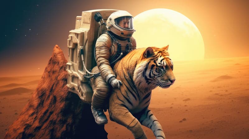 Friendly Tiger Controlled by Astronaut with Space Technology Exploring ...