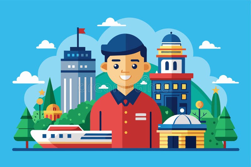 A Friendly Tour Guide Poses with Famous Landmarks and a Boat in a ...