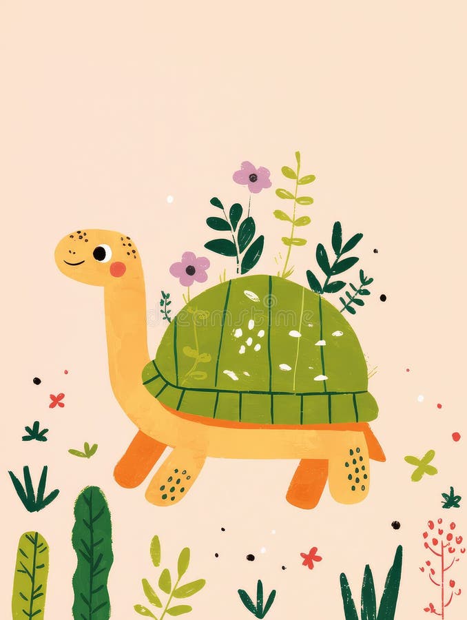 Friendly Turtle Illustration with Garden of Tiny Plants on Its Shell ...
