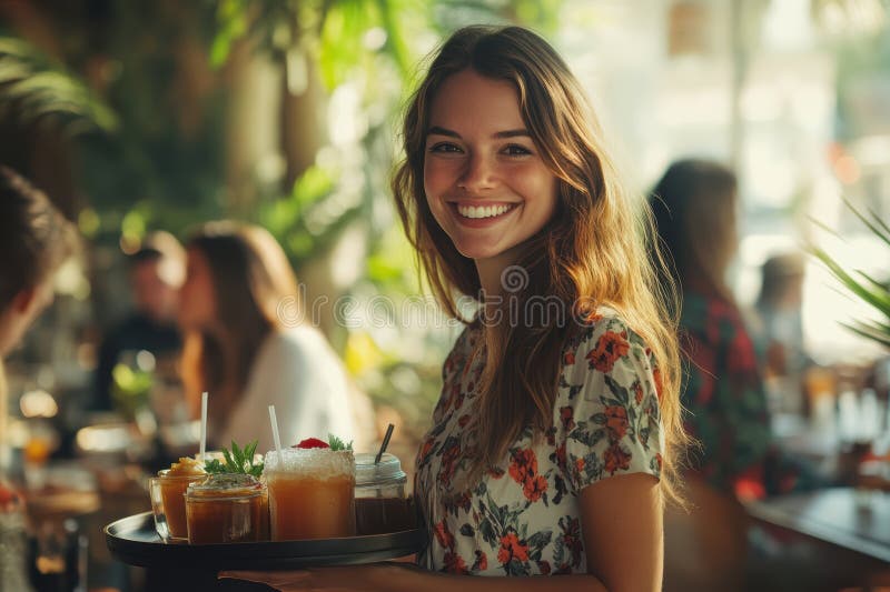 A Friendly Waitress Serves a Tray with Assorted Drinks To a Group of ...