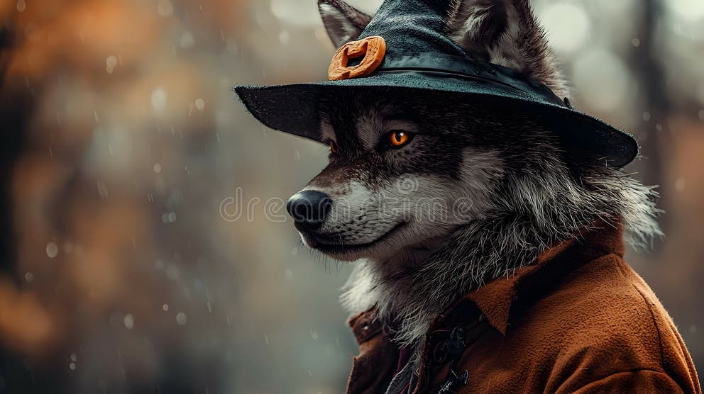 Friendly Werewolf Wearing Tiny Witch Hat in Misty Forest Setting Stock ...