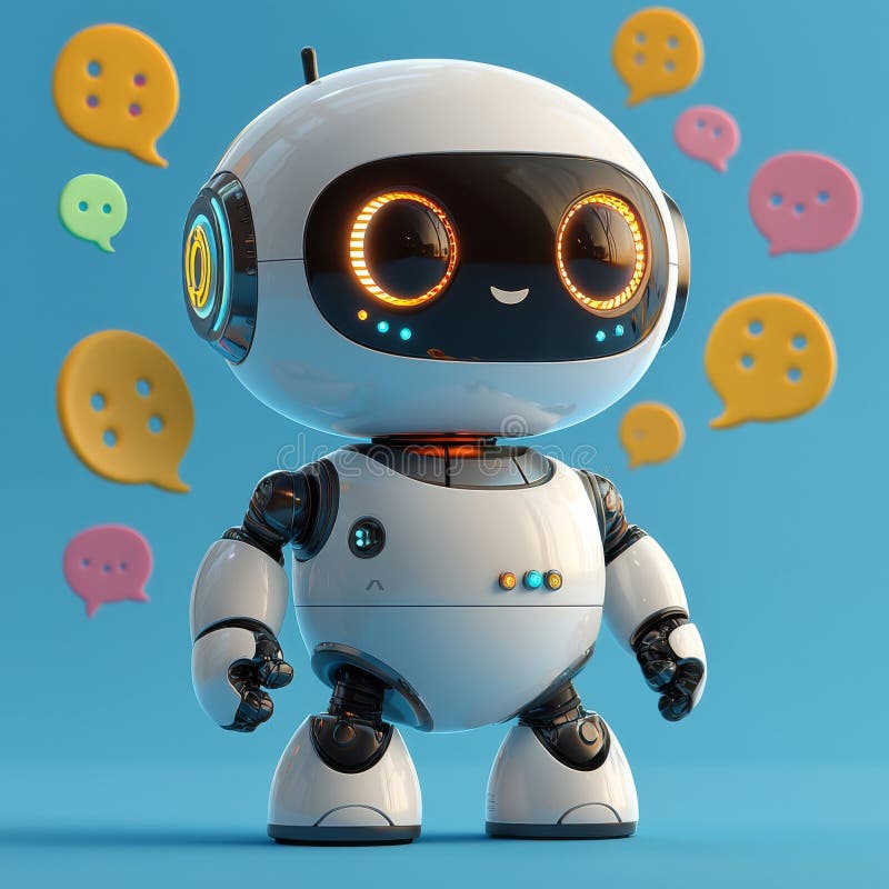 Friendly, White Robot with a Cheerful Look and Speech Bubbles Stock ...