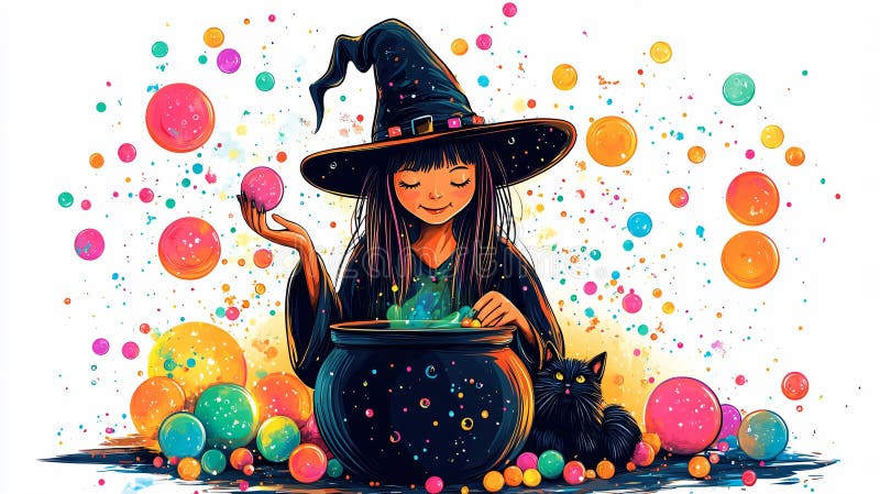 Friendly Witch Mixing Vibrant Potion in Cauldron Stock Illustration ...