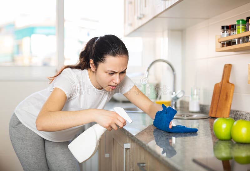 Friendly Woman with Rag Cleaning Kitchen at Home Stock Photo - Image of ...