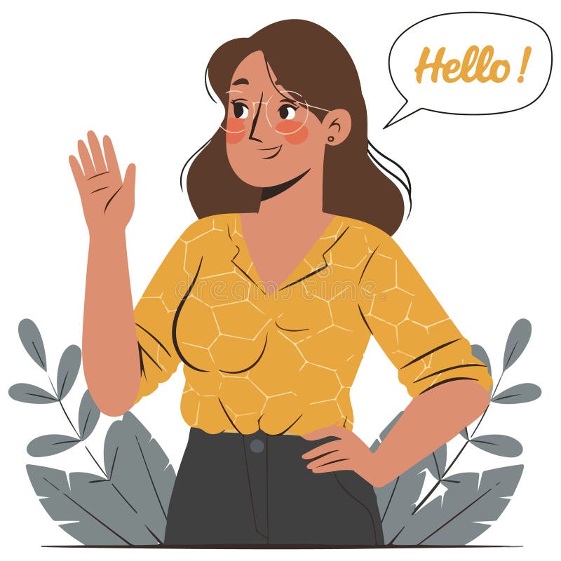 Friendly Woman Waving Hand in Yellow Blouse Vector Design with White ...