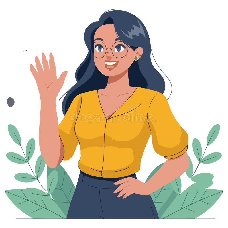 Friendly Woman Waving Hand in Yellow Blouse Vector Design with White ...