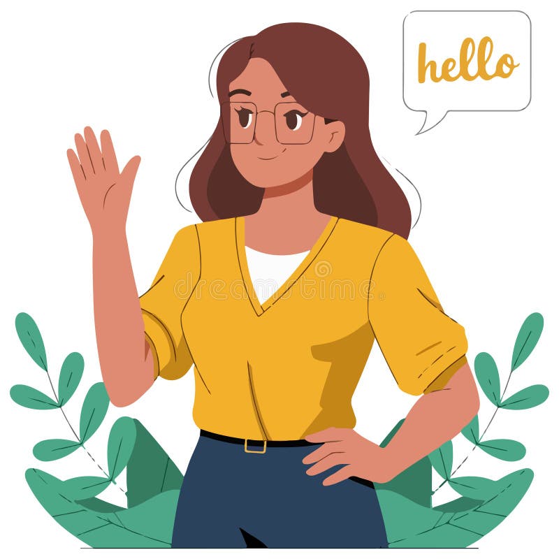 Friendly Woman Waving Hand in Yellow Blouse Vector Design with White ...