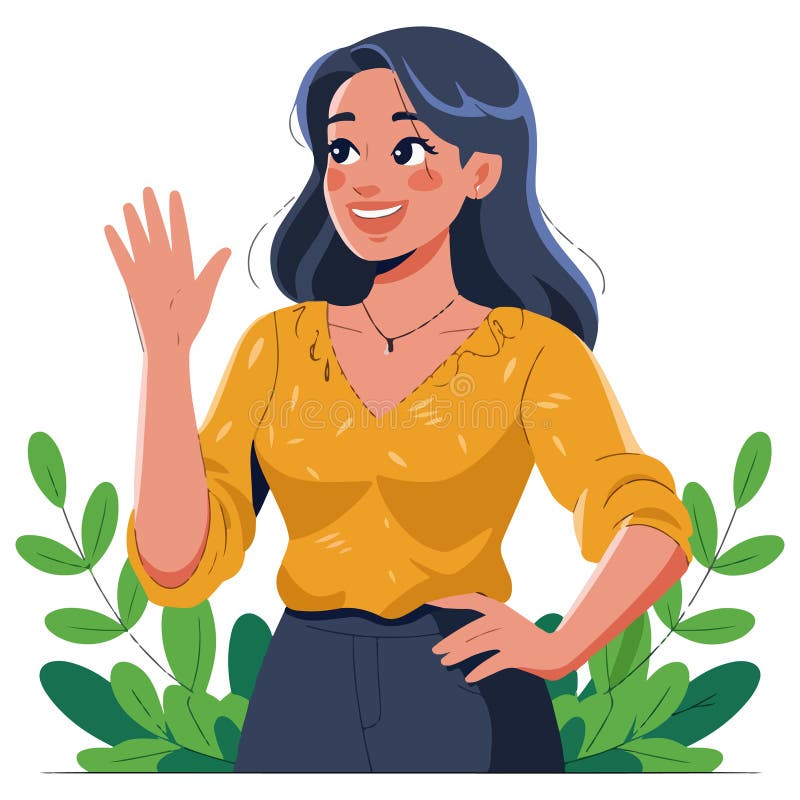 Friendly Woman Waving Hand in Yellow Blouse Vector Design with White ...