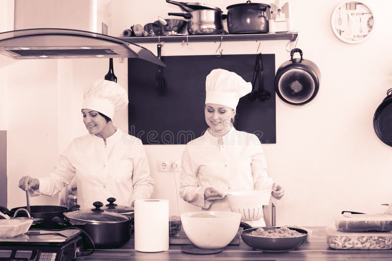 Friendly Women Chefs Cooking Food at Kitchen Stock Image - Image of ...