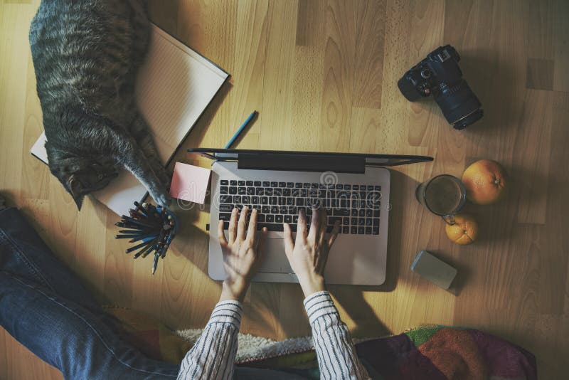 Creative Workspace: Girl Working at the Computer Assisted by Her Stock ...