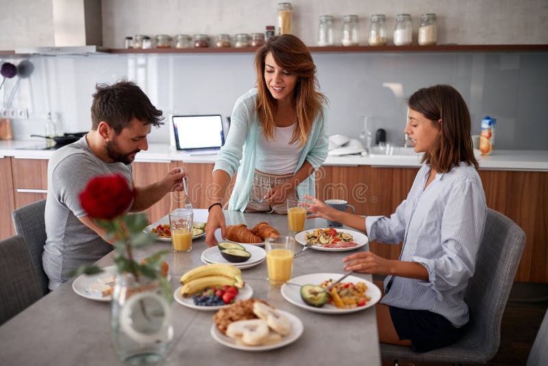 Friends Breakfast in the Kitchen and Having Fun Stock Image - Image of ...