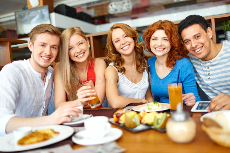 Friends in cafe stock image. Image of portrait, smiling - 65007857