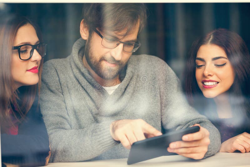 Friends in Cafe Using Technology Stock Photo - Image of internet ...
