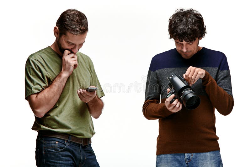 Friends with Camera on White Stock Image - Image of hold, studio: 81714977
