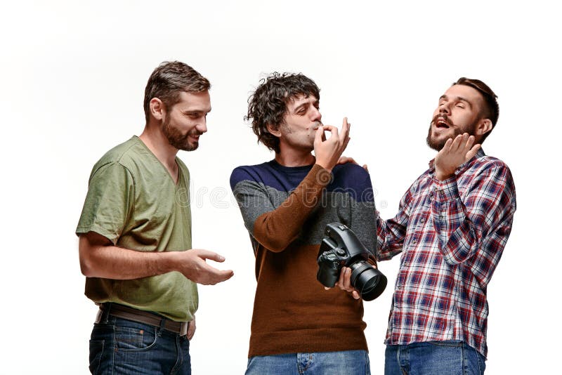Friends with Camera on White Stock Photo - Image of cheerful, happy ...