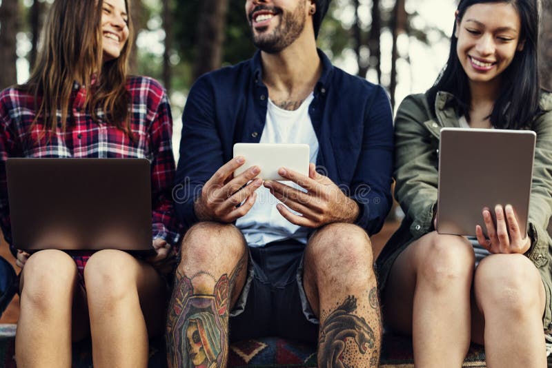 Friends Camping Using Tablet Outdoor Stock Image - Image of mobile ...