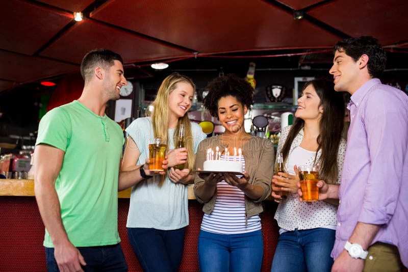Friends Celebrating with Cake Stock Photo - Image of event, counter ...