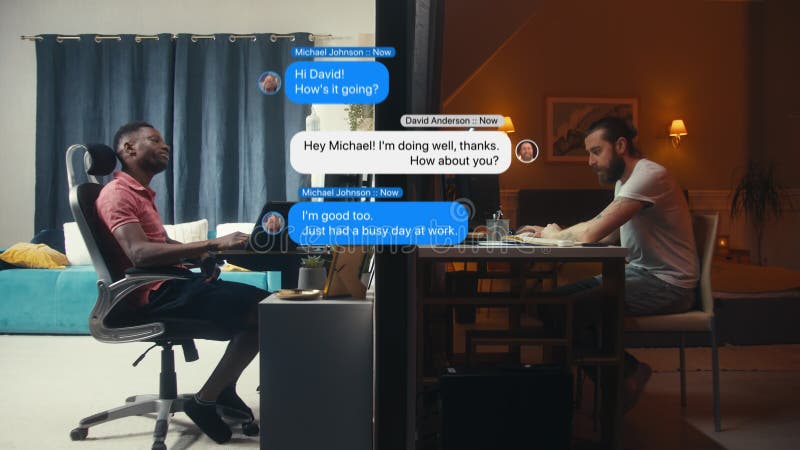 Friends Chatting Online in Messenger App on PC. 3D VFX Animation of ...