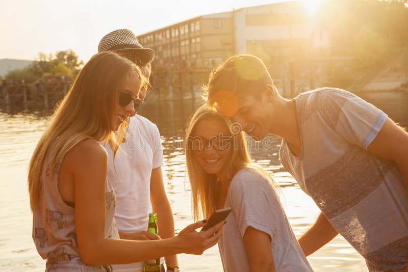 Friends Chilling Having Fun Near Lake Stock Image - Image of hipster ...