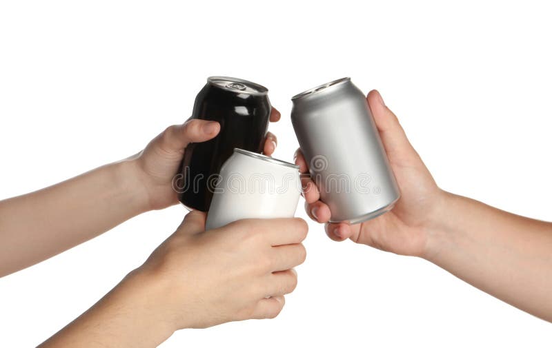 Friends Clinking Different Cans on White Background, Closeup Stock ...