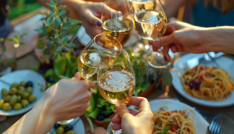 Friends Clinking Wine Glasses at Dinner . AI Generated. Stock ...
