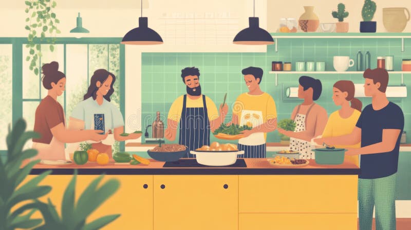 Friends Cooking Together in a Bright, Modern Kitchen, Preparing a Meal ...