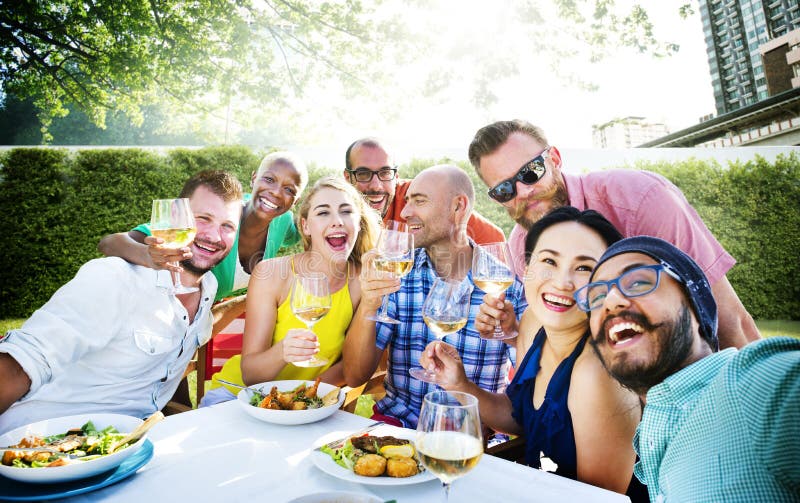 Friends Dining Outdoors Party Cheerful Concept Stock Photo - Image of ...