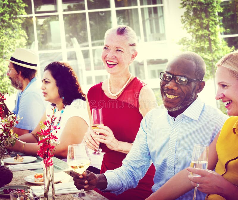 Friends Dining Outdoors Party Cheerful Concept Stock Photo - Image of ...
