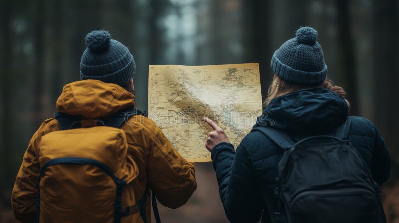 Friends Discuss Directions while Studying a Map in a Serene Forest ...