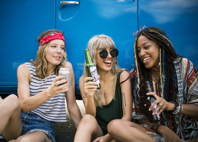 Friends Drinking Alcohol Beers Together on Road Trip Journey Stock ...
