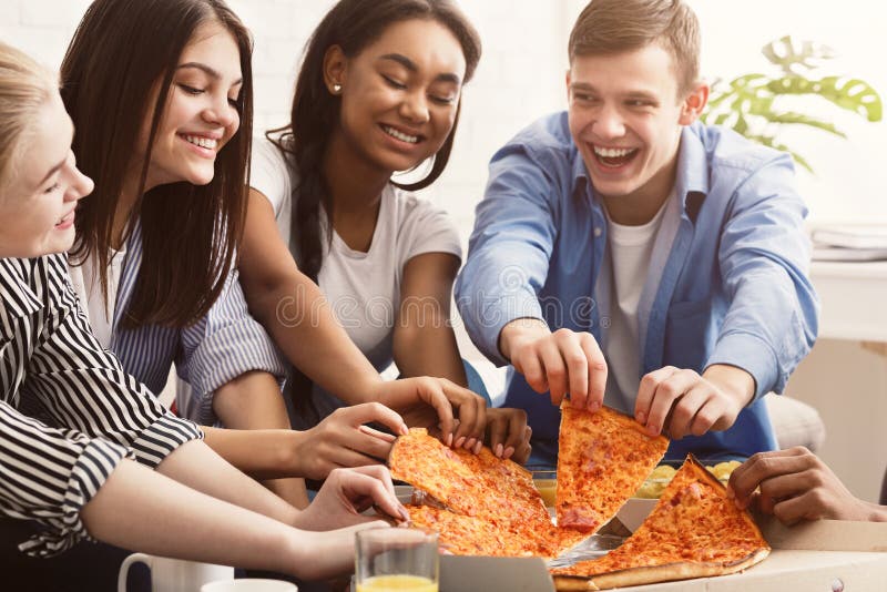 Friends Eating Pizza, Spending Time Together at Home Stock Image ...