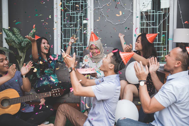 Friends Enjoying Brithday Party and Singing Together Stock Image ...