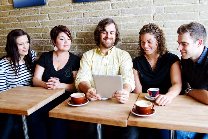 Friends Enjoying Coffee and Computer Access Stock Photo - Image of ...