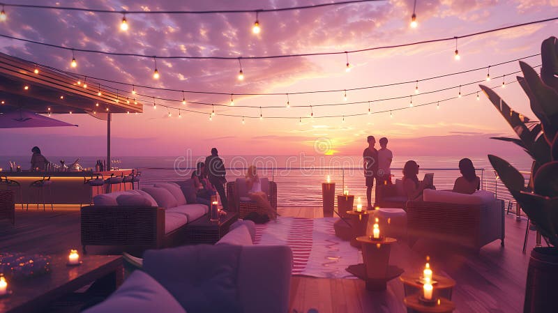 Friends Enjoying Sunset Drinks on Rooftop Bar with Ocean View ...