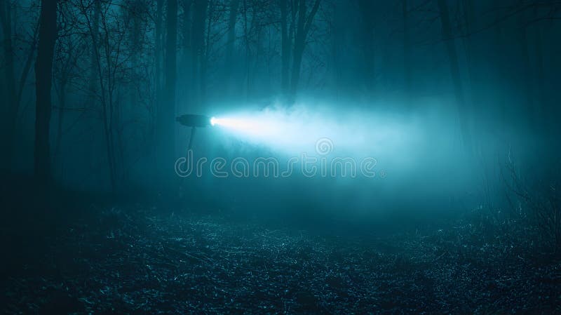 Friends Exploring a Dark Forest with Flashlight Beams Stock ...