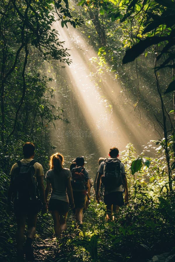 Friends Exploring a Dense Forest with Sunlight Rays Stock Illustration ...