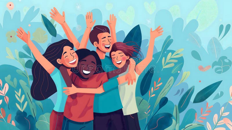 Friends Forever. Friendly Group of People Stand and Hugging Together ...