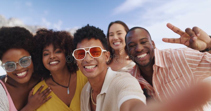 Friends Funny Faces And Peace Sign Selfie And Portrait In Summer